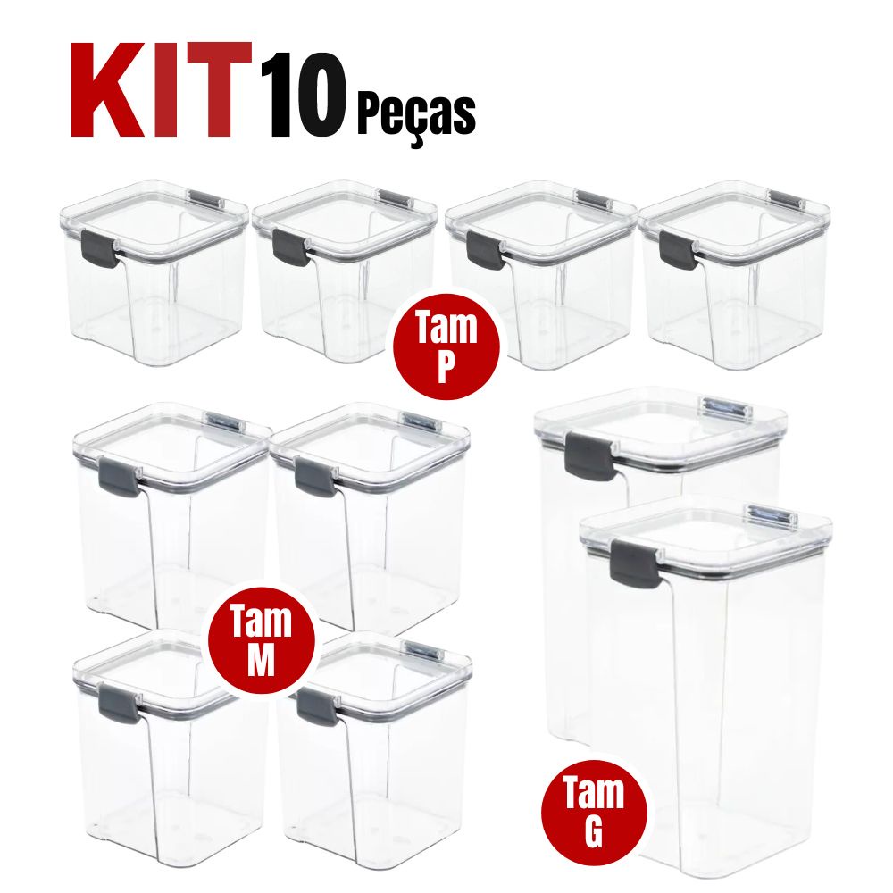 KIt Potes Hermético Com Travas Acrílico Transparente Empilhável Porta ...