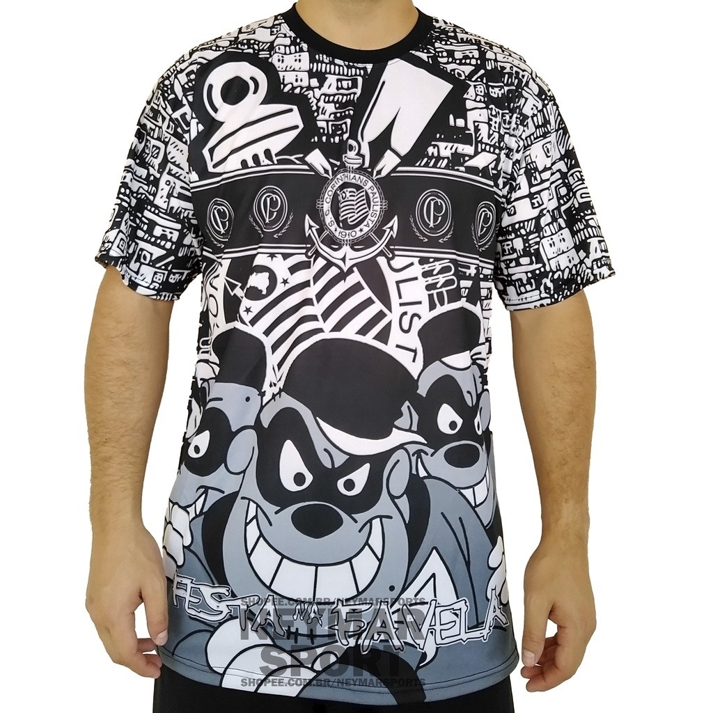 Camiseta dos Irmãos metralha Preto - Corinthians Preta e branca Bordado ...