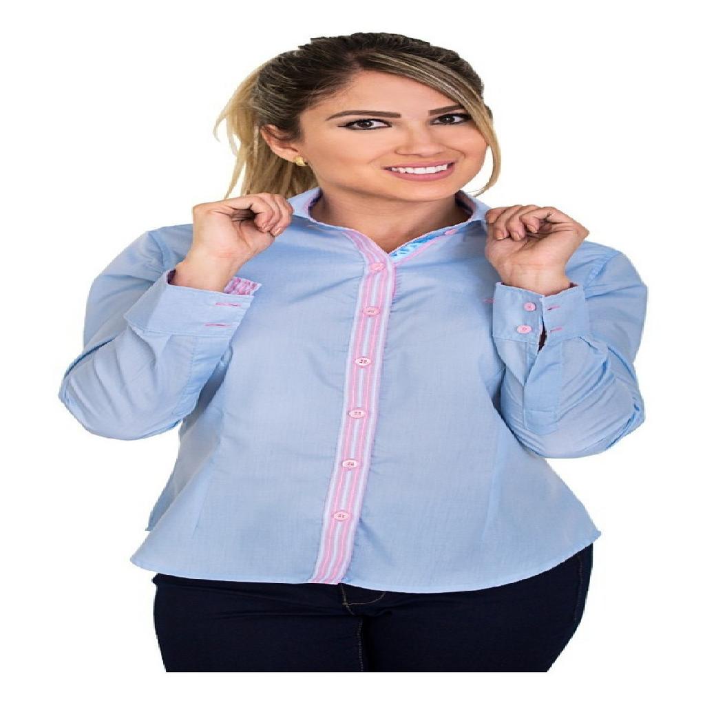 Camisa Social Feminina Manga Longa Camisete Slim Azul G | Shopee Brasil