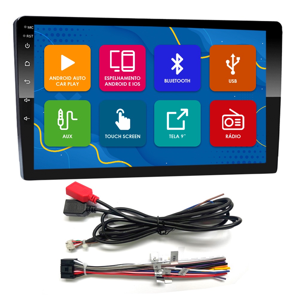 Central Multimídia 2 Din 9 Pol E-Tech New Combat Wide Android Auto CarPlay Espelhamento Android ...