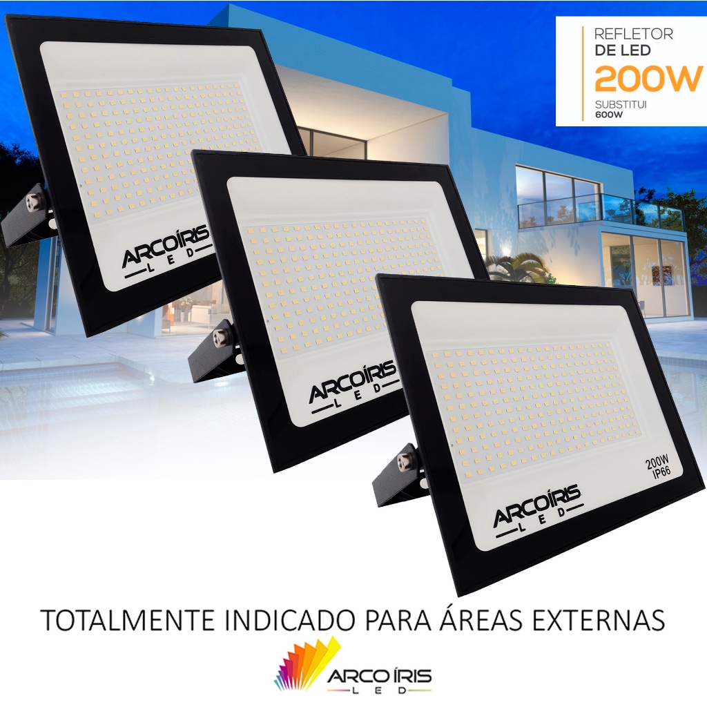 Kit 3 Refletor Led 200w Branco Holofote Prova Dagua Campo E Quadra ...
