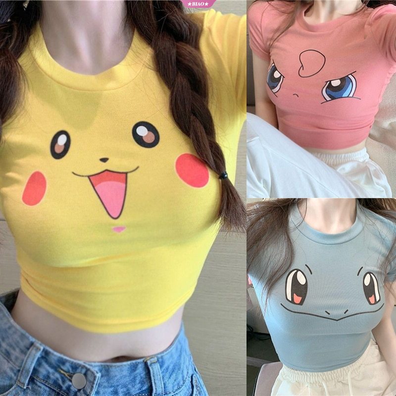 Pokemon Pikachu Camiseta Kawaii Anime Manga Curta Teetops Forma Flaunting Sexy Slim Fit Fofa