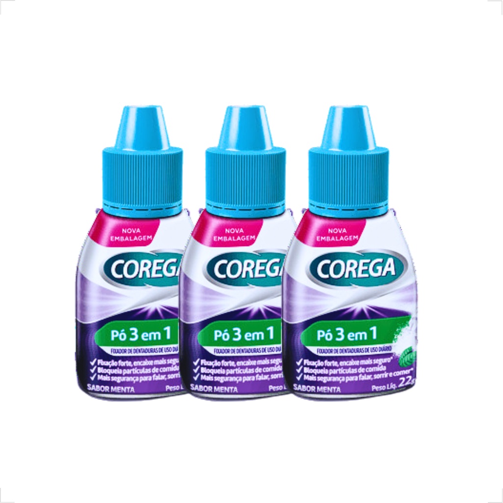 Kit Fixador de Dentadura Corega Pó 3 em 1 Sabor Menta 22g | Shopee Brasil