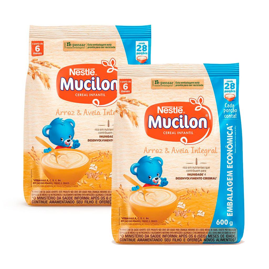 Kit 2 Mucilon Arroz e Aveia Cereal Infantil Sachê 600g | Shopee Brasil