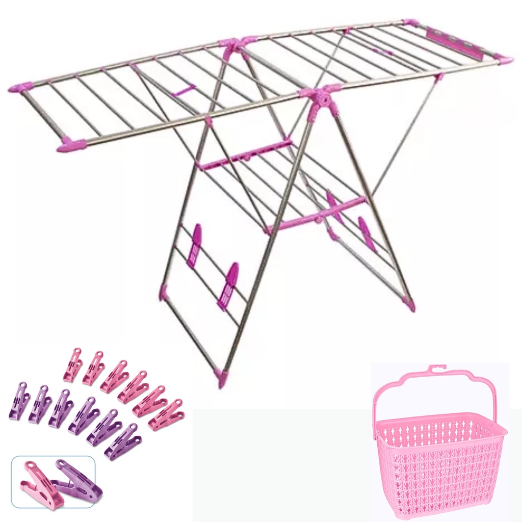 Kit Mega Varal De Chão Com Abas Rosa + Cesto Alça Rosa + Prendedores ...