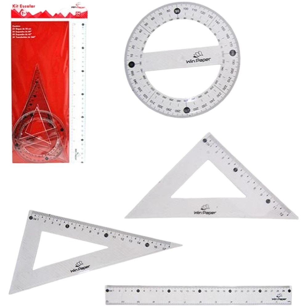 KIT GEOMETRIA ESCOLAR 4 PEÇAS REGUA ESQUADRO TRANSFERIDOR - WINCY ...