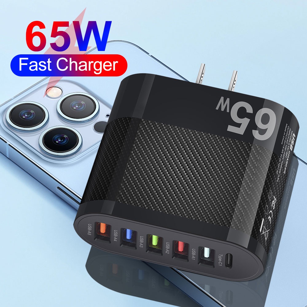 65W 5USB + Type C Carregador De Carregamento Rápido 6 Portas USB ...