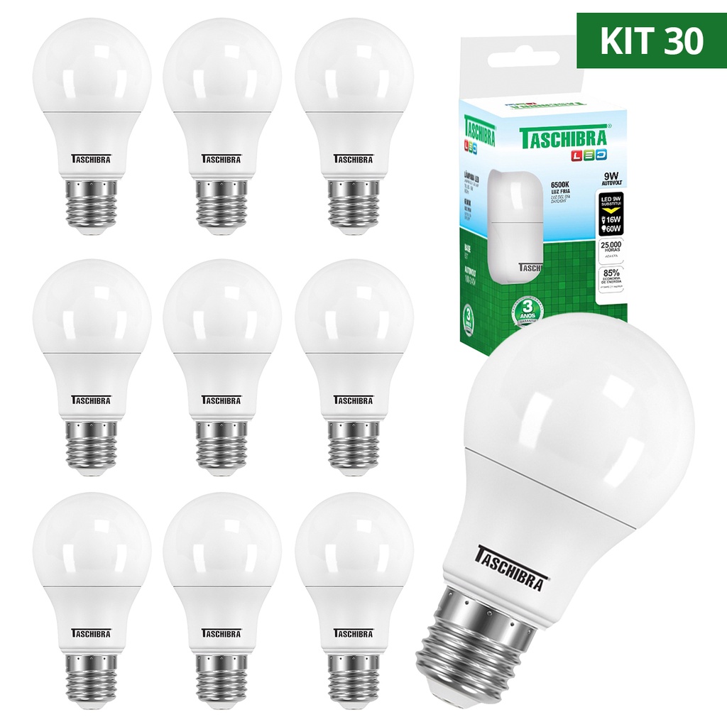 Kit 30 Lâmpadas LED Bulbo TKL 60 / 9W Bivolt 6500K Luz Branca Fria Taschibra | Shopee Brasil