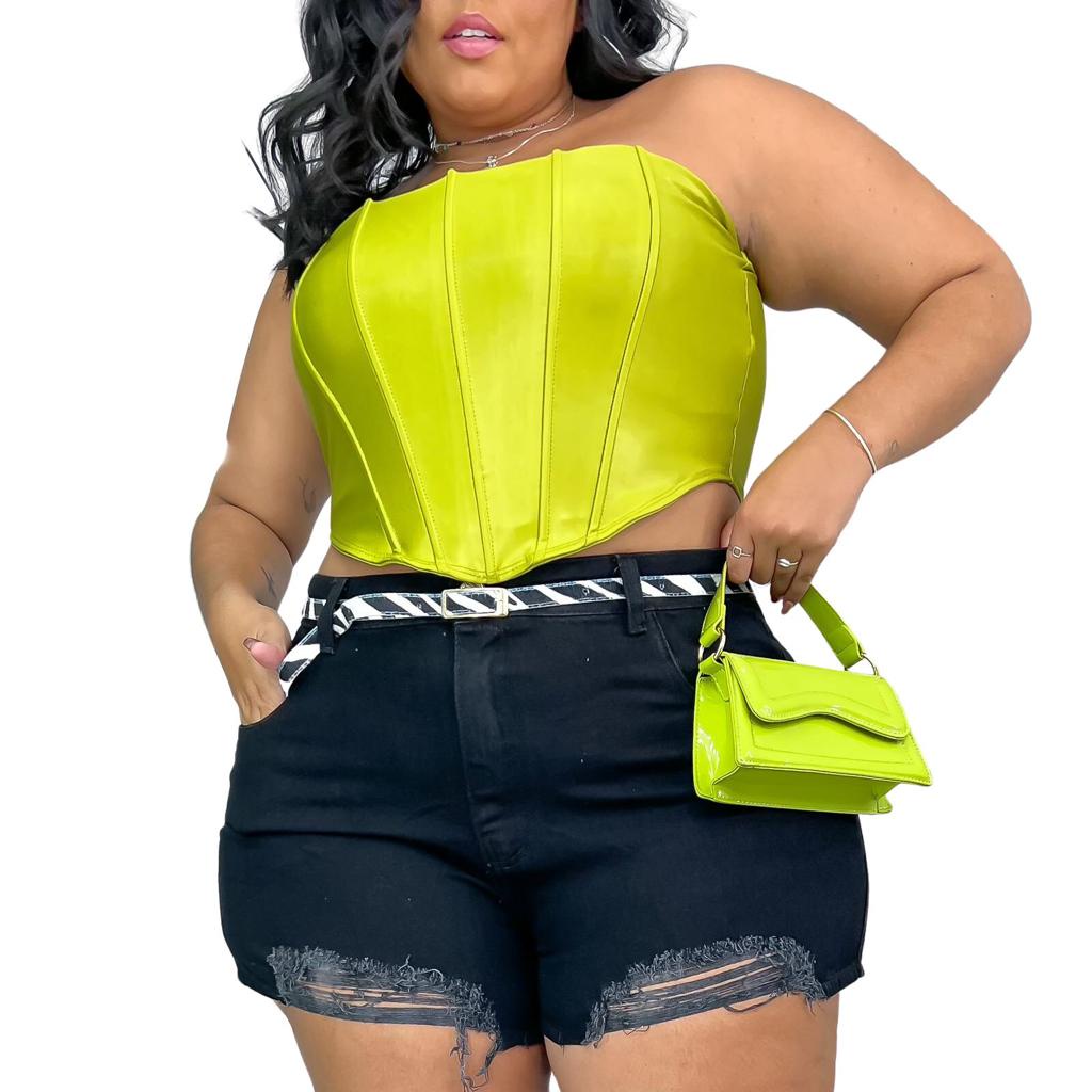 Cropped Top Cirrê Brilhoso Couro fake Corselet Plus size | Shopee Brasil