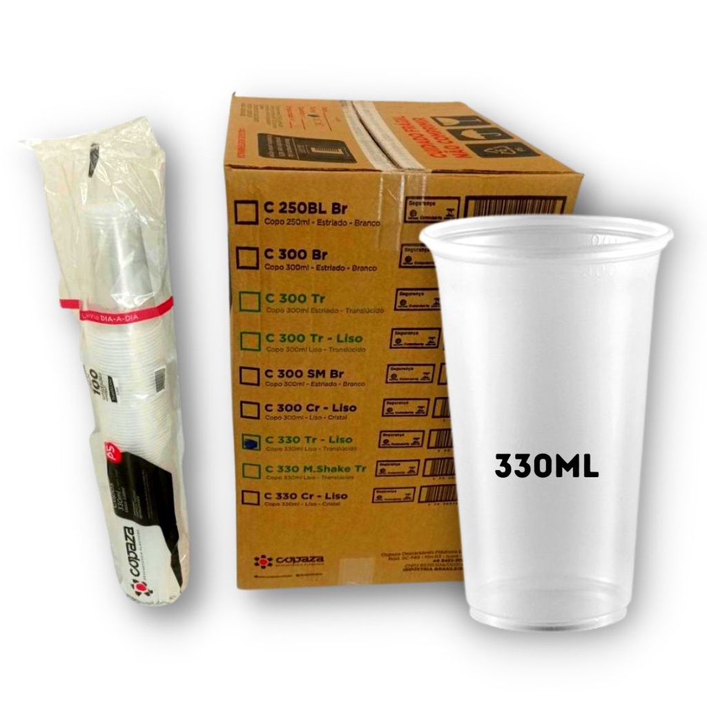 Copo Plástico Descartável Translúcido PS Liso Suco Refrigerante Copaza - 330ml - CX 2000 ...