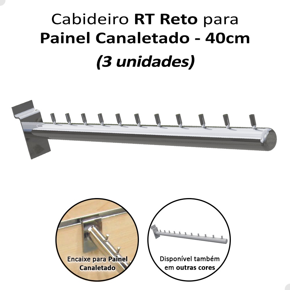 Cabideiro RT Reto 40cm Cromado Painel Canaletado Slatwall Painel Inteligente Kit 3 Uni Para Loja ...