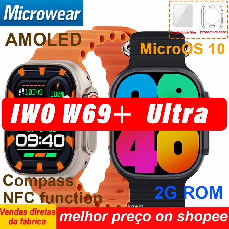 Microwear W69 + Relógio Inteligente Ultra Movido 2GB ROM 49MM Série 9 Bússola NFC Feel Game BT ...