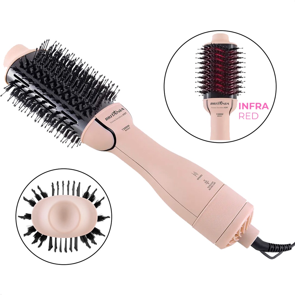 escova secadora de cabelos britânia bec07r soft 4 em 1 1300w cabo giratório rosa bivolt r $ 79 97