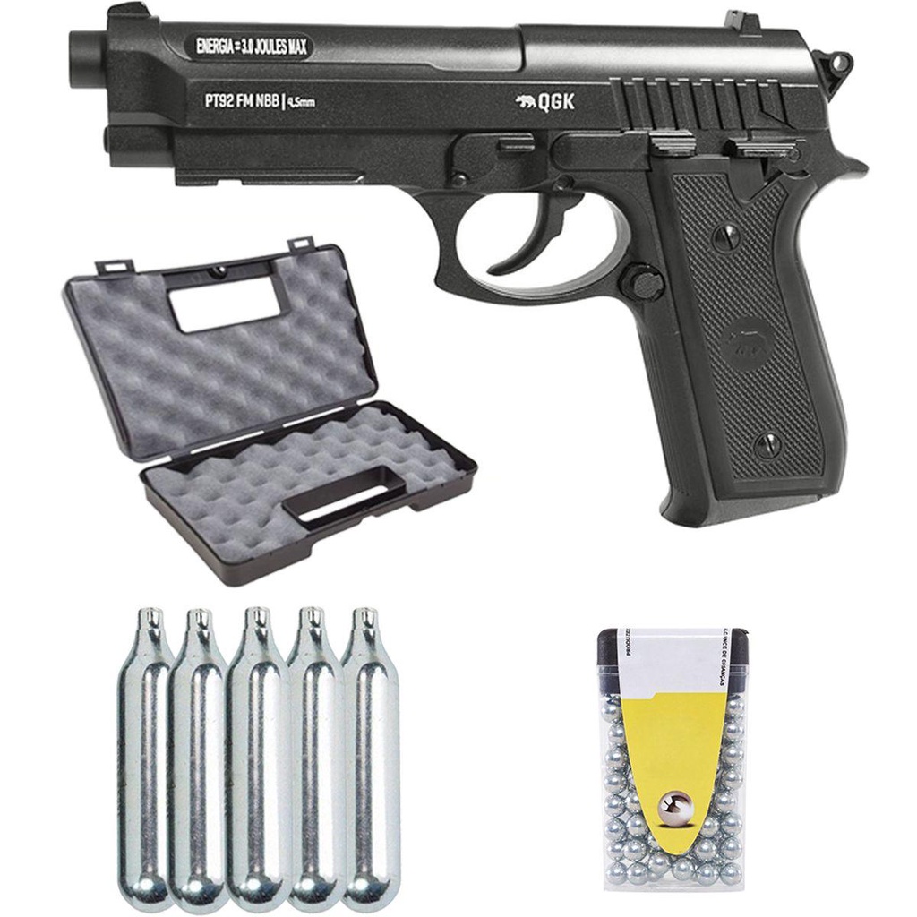 Pistola Airgun CO2 PT92 NBB 4.5mm - QGK + 300 Esferas + 5 Cilindros + Maleta | Shopee Brasil