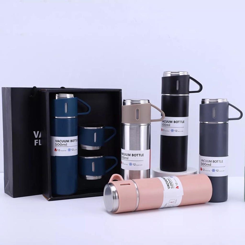 Kit Garrafa Térmica Inox e 3 Xícaras Vacuum Flask Set 500ML | Shopee Brasil
