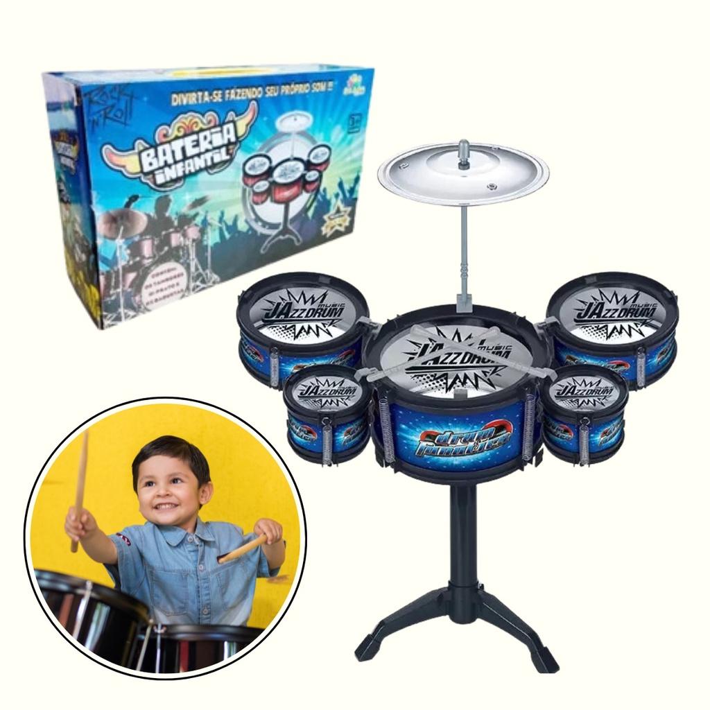 Brinquedo Bateria Musical Infantil Baquetas Prato Tambores | Shopee Brasil