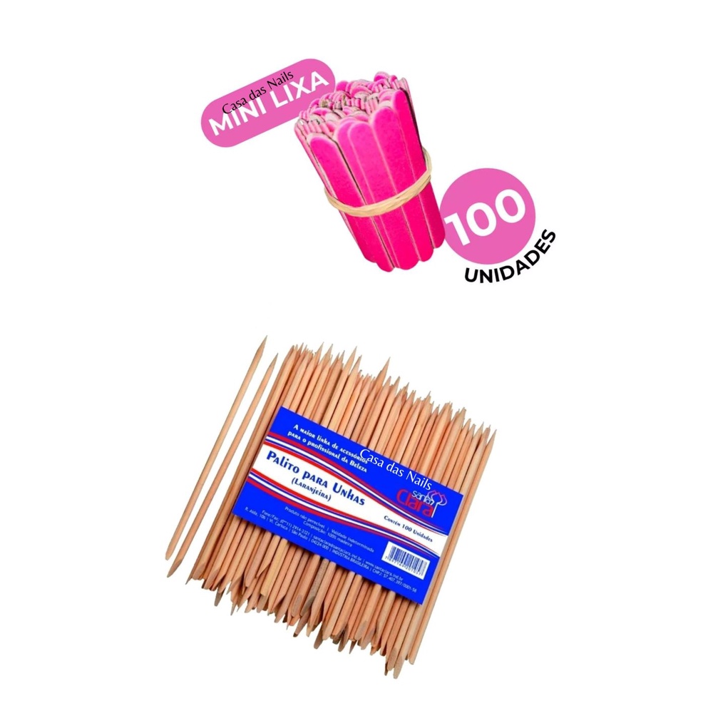 100 Mini Lixa Rosa e 100 Palito laranjeira Manicure Pedicure Santa ...