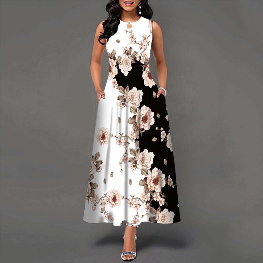 Vestido Confortável Retro Boêmio Feminino Sem Manga Impresso Grande ...