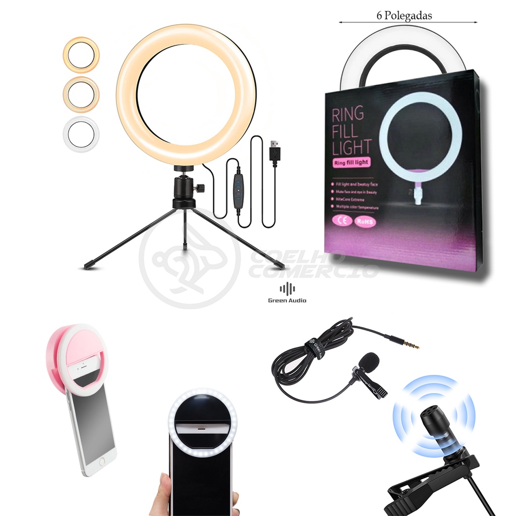 Kit Ring Light de Mesa 6 Polegadas com Tripé de 16cm + Mini Ring Light de Celular + Lapela ...