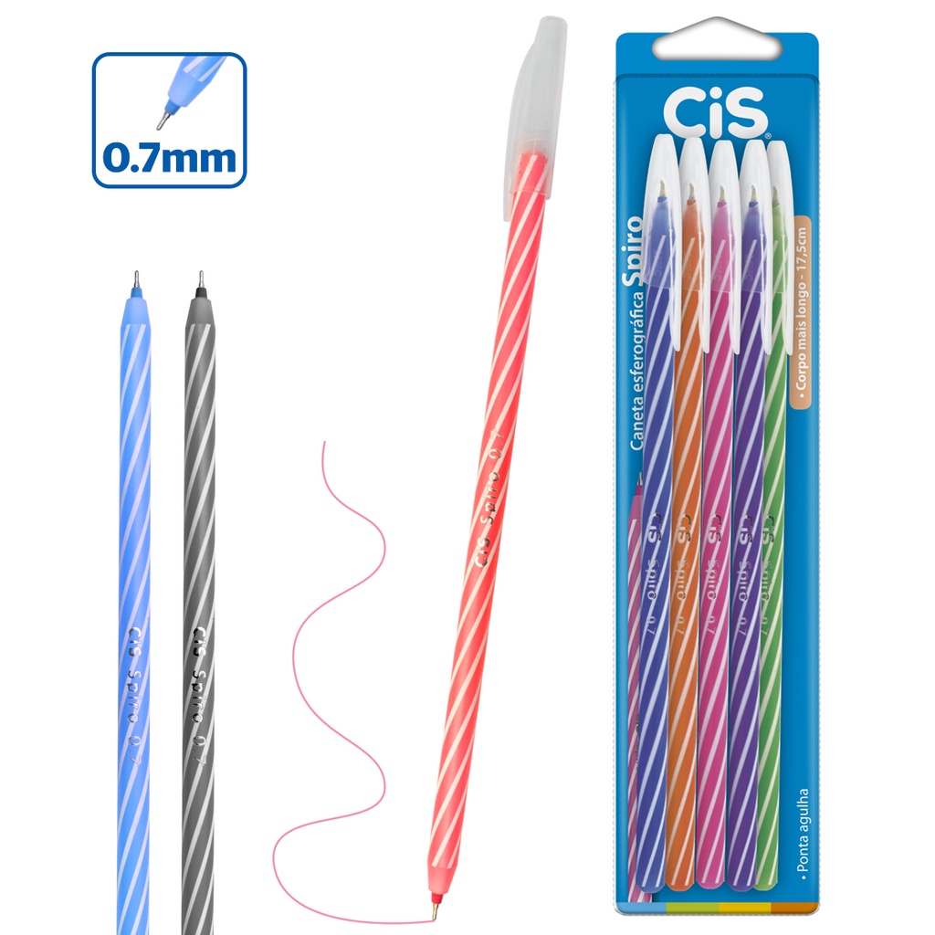 Caneta Esferográfica Cis Spiro Ponta Fina 0.7mm 5 Cores | Shopee Brasil
