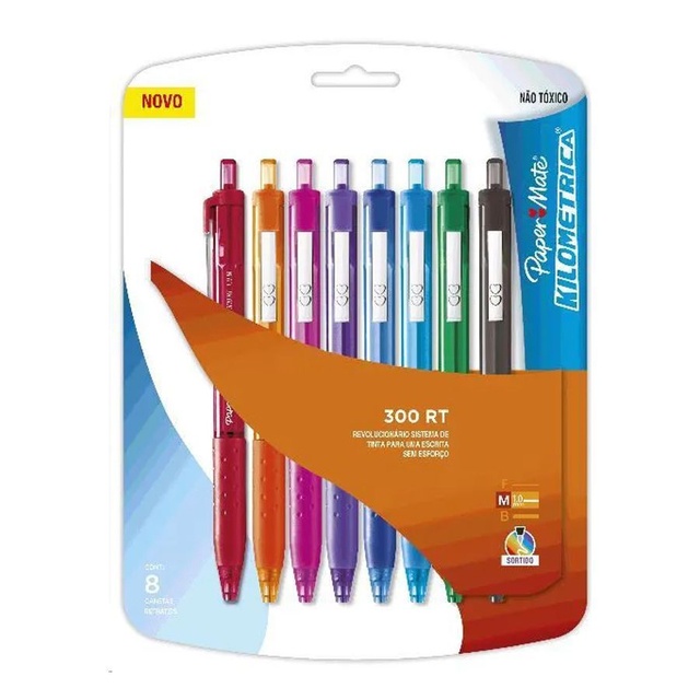 Caneta Esferográfica 1.0 PAPER MATE Kilometrica 300 RT c/8 Cores ...