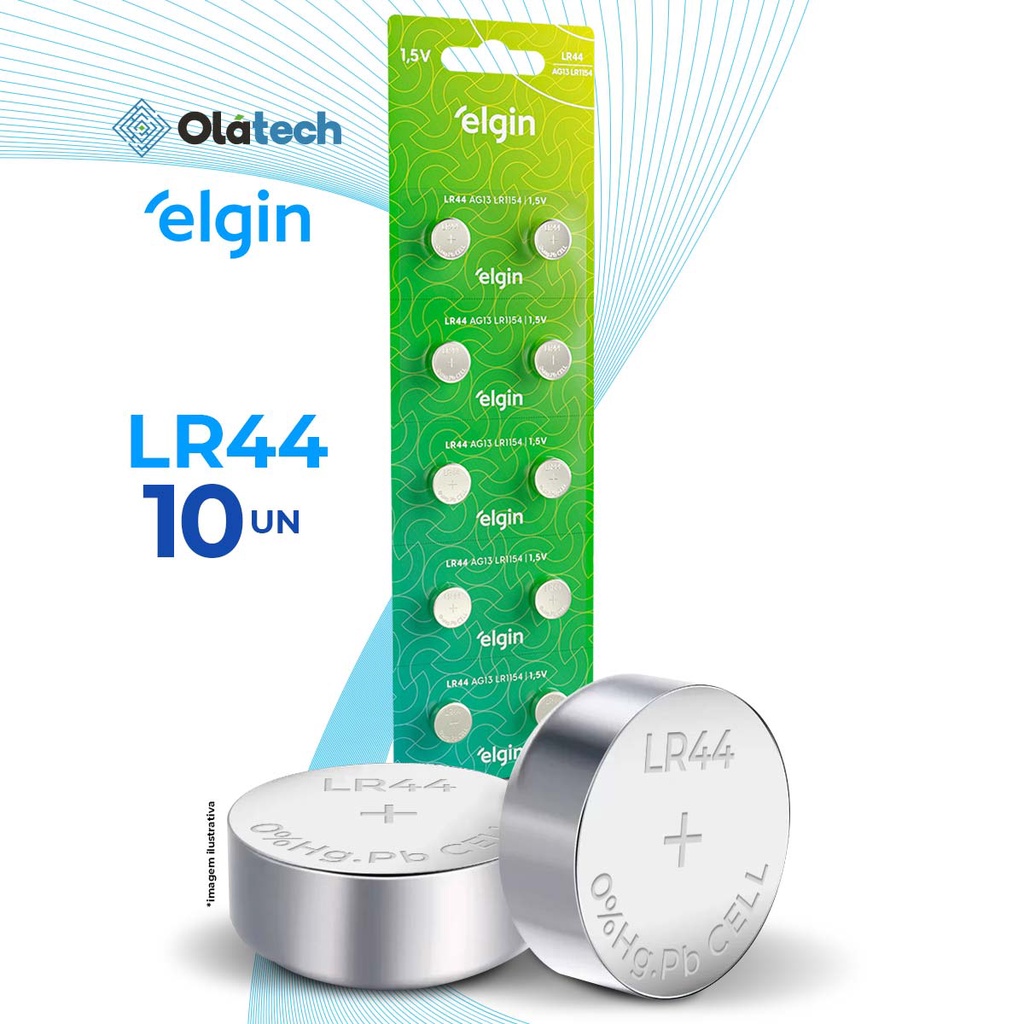 10 Baterias Alcalinas LR44 AG13 LR1154 1,5V Elgin 1 Cartela (Blister com 10) Pilha LR 44 ...