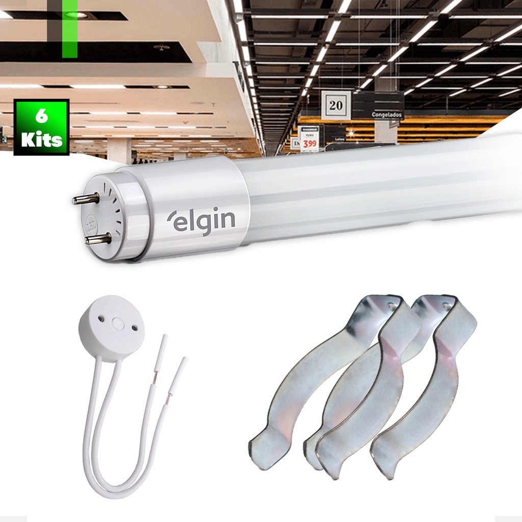 6x Lâmpada Tubular De Led 60cm 10w T8 6500k Branco Frio 900lm Vidro Bivolt 1 Lado + Conector T8 ...