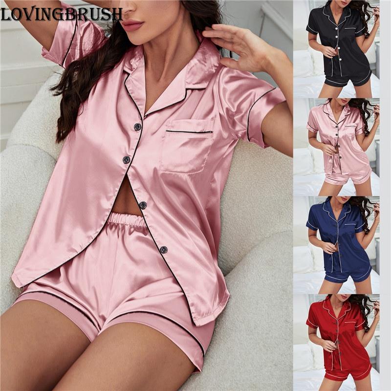 Conjunto De Pijama Americano De Seda Fria Soft Com Mangas Curtas