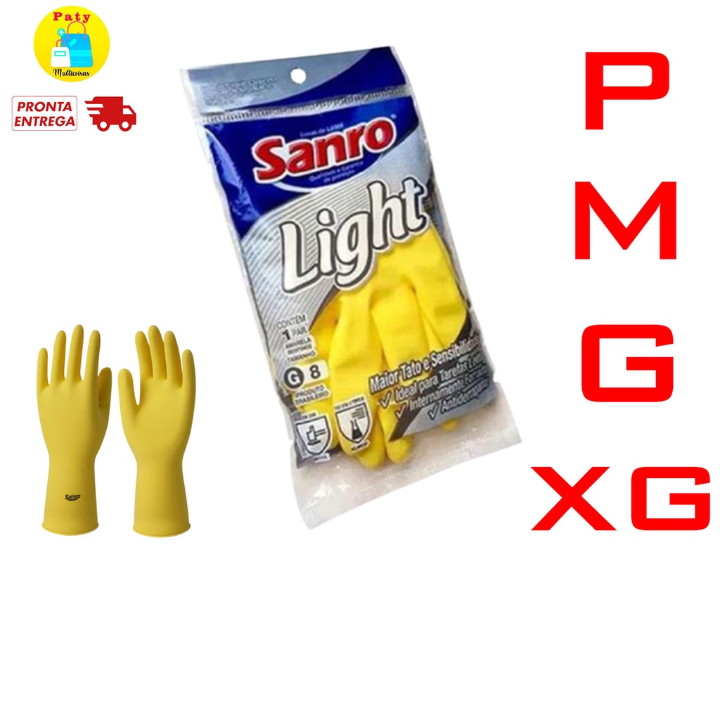 Kit 1 a 3 Luva limpeza multiuso latex borracha sanro light P M G XG ...