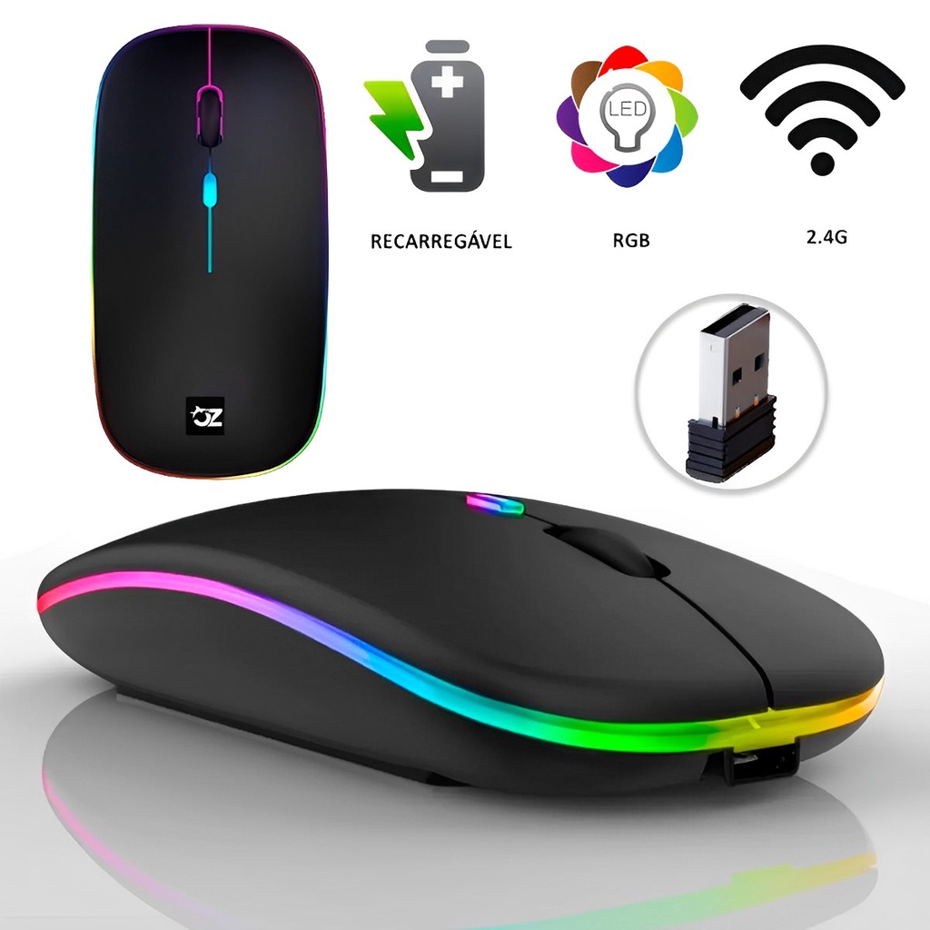 Mouse Sem Fio 2.4 ghz Optico Recarregável Gamer USB Led Rgb Wirelles Usb Notebook | Shopee Brasil