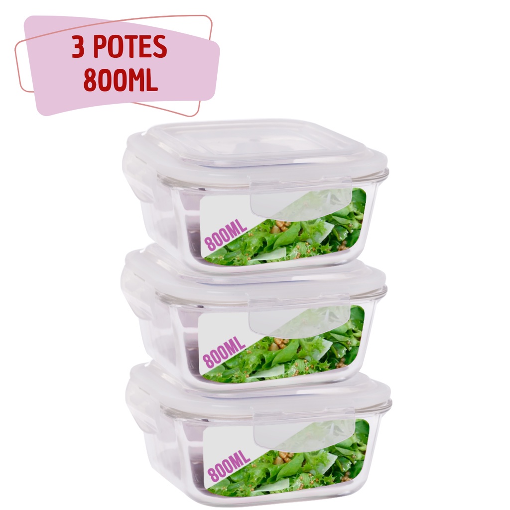 3 Potes Hermetico 800ml Quadrado Vidro Microondas Grande | Shopee Brasil