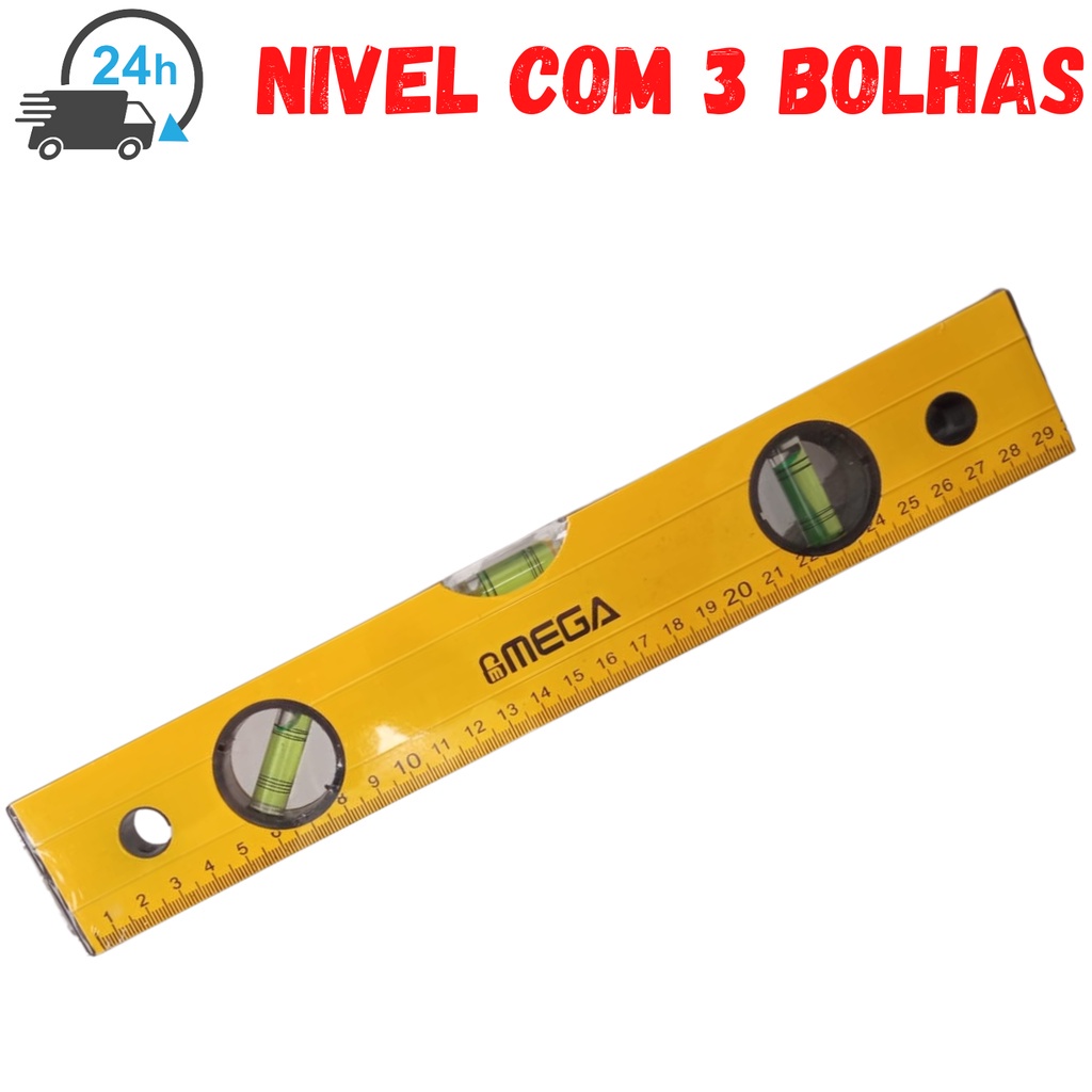 Nível Bolha Pedreiro Profissional Régua de Prumo Amarelo 3 Bolhas 30cm ...