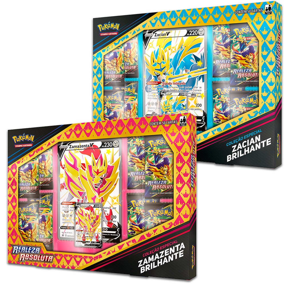 Kit Box Zacian + Box Zamazenta Brilhante Shiny Realeza Absoluta COPAG Original 16 Booster Carta ...