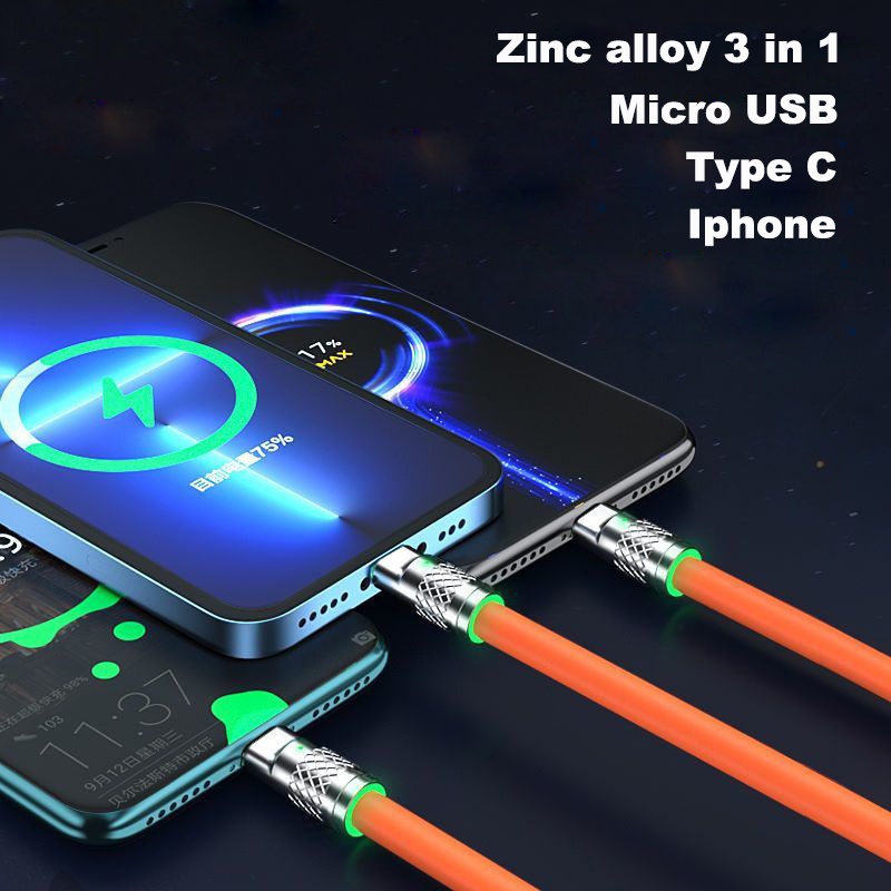 Cabo De Carregamento De Liga De Zinco 1.2M 3 Em 1 120W 6A USB Super Carga Rápida Para Micro IOS ...