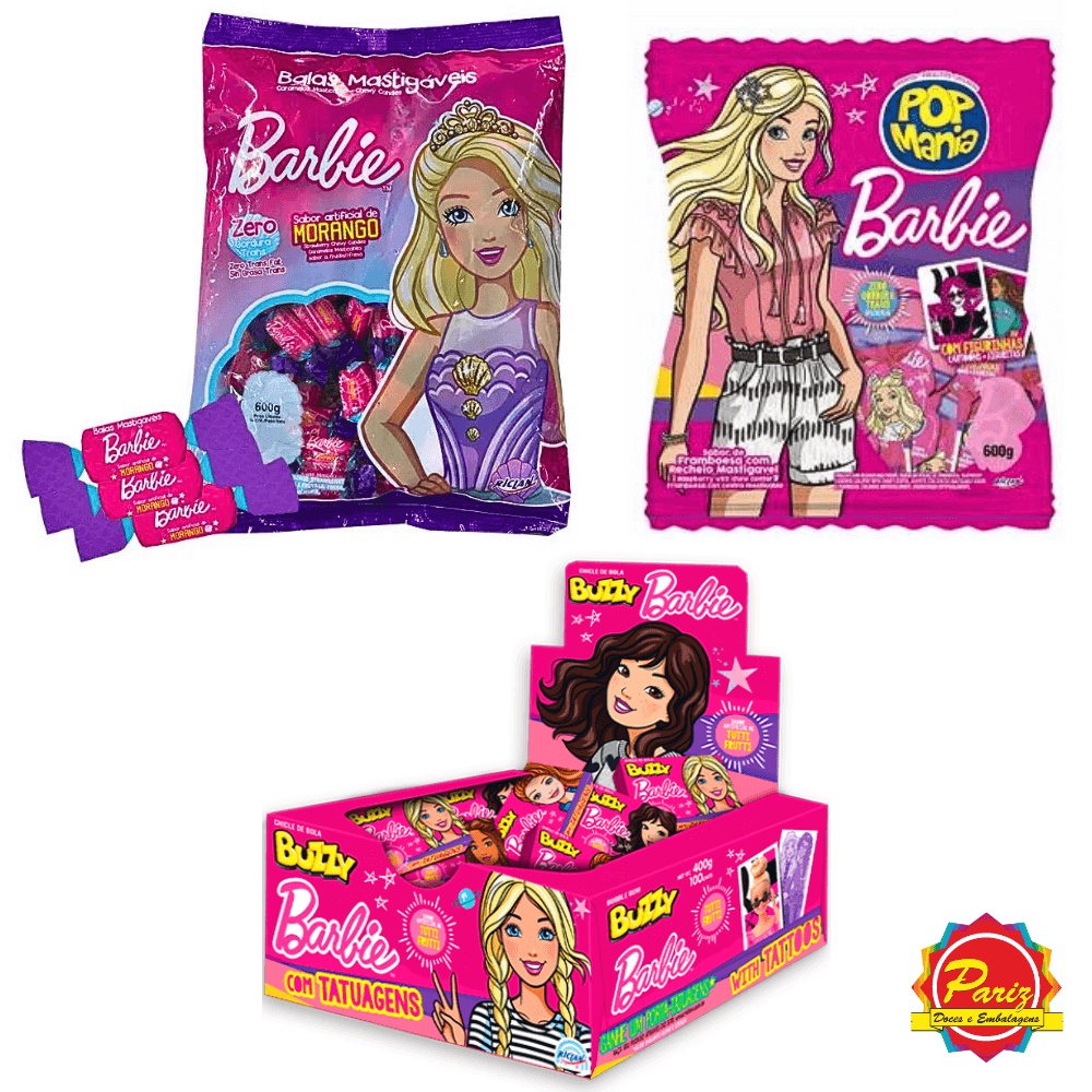 KIT 3 Guloseimas Bala da Barbie 600g, Chiclete da Barbie 400g e ...