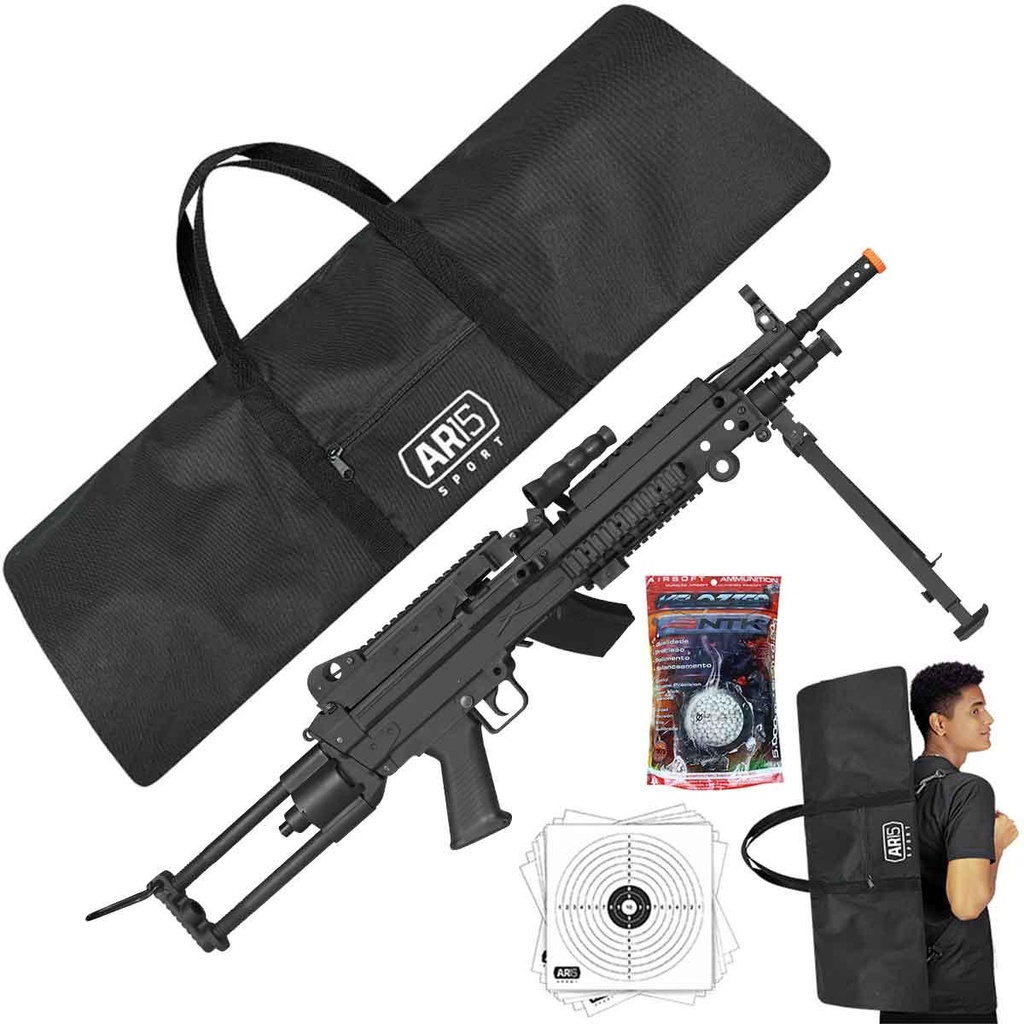 Rifle Airsoft LMG M249 Light Bivolt Rossi 6mm + bbs + Capa | Shopee Brasil