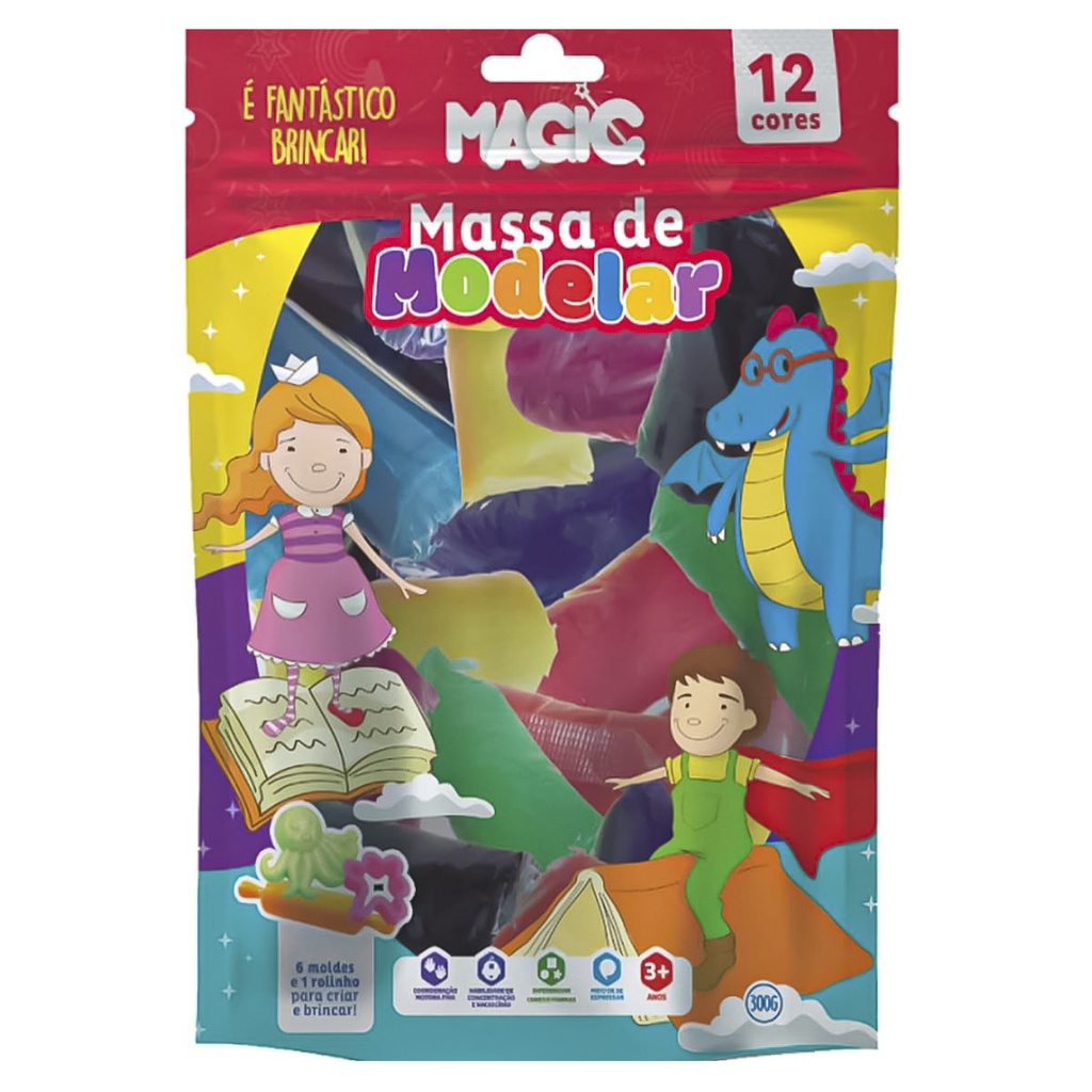 Massa de Modelar 12 Cores com 6 moldes Cores e 1 rolinho 300g | Shopee ...