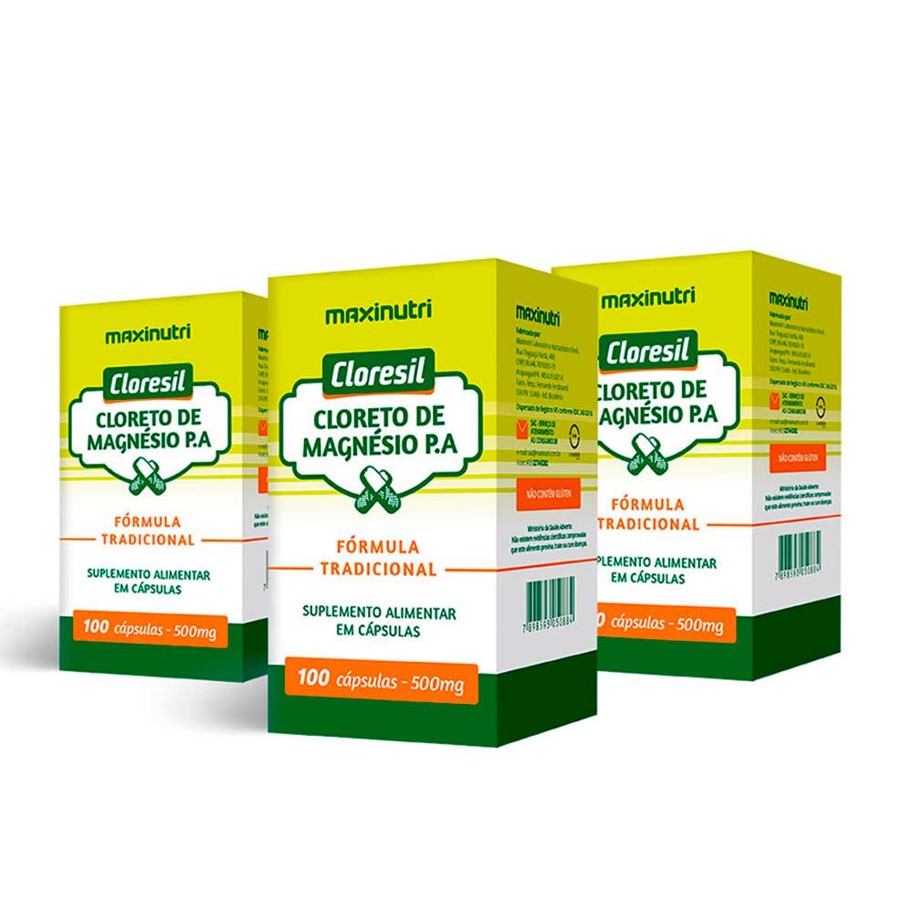 Kit 3 Cloresil Cloreto Magnésio P.A 500mg 100 Cáps Maxinutri | Shopee Brasil