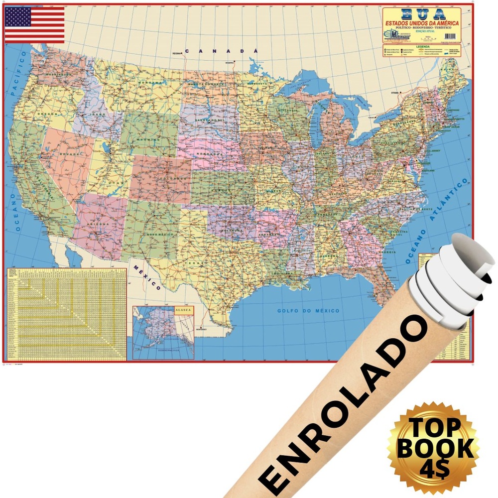 Mapa Estados Unidos Eua Usa Politico Geográfico Poster Gigante Enrolado ...