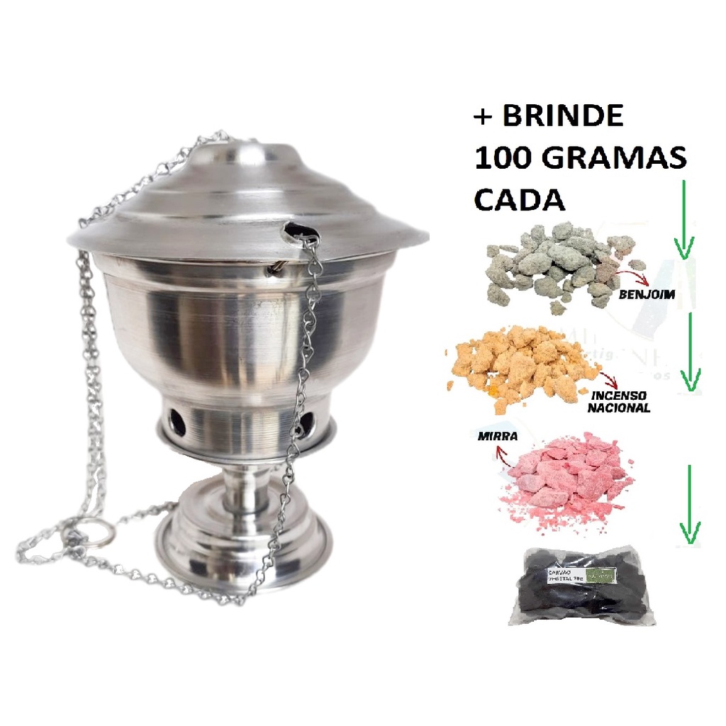 Turibulo Incensário Polido Com Pé Jta Mais Kit Defumação | Shopee Brasil