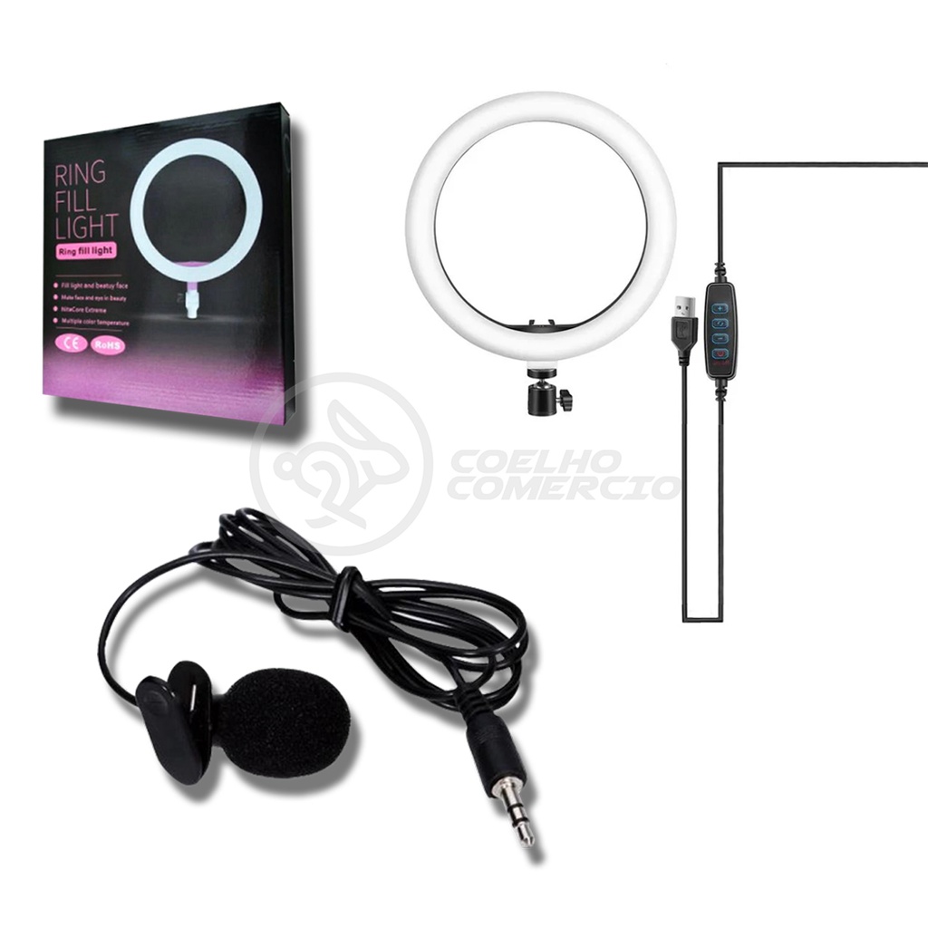 Conjunto Audiovisual Ring Light 6 Polegadas com Tripé de 16cm + Microfone Lapela Profissional ...