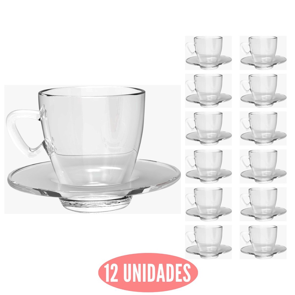 Jogo de Xícaras Café 90ml C/ Pires Vidro Transparente - 12un | Shopee Brasil