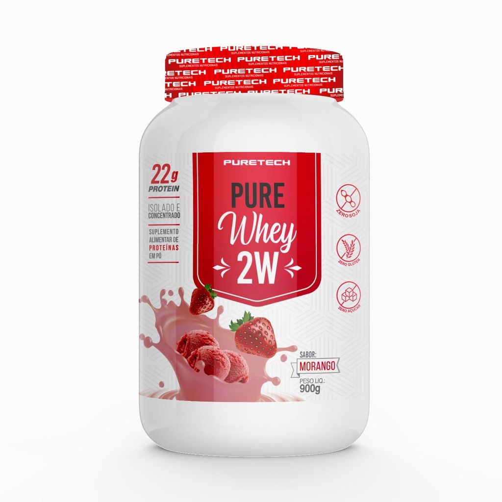 Whey Protein Pure Whey 2W Concentrado Pote 900g Morango | Shopee Brasil
