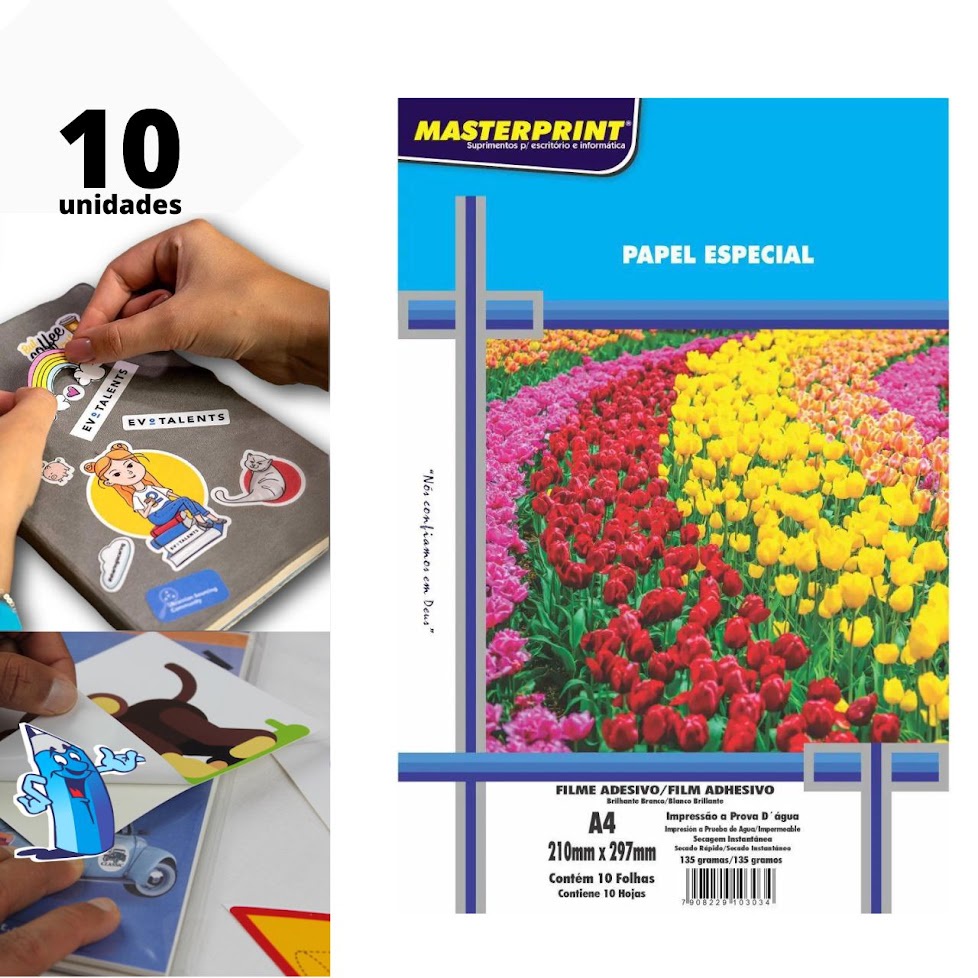 PAPEL FILME ADESIVO BRANCO FOTOGRAFICO A4 135G 10 FOLHAS MASTERPRINT | Shopee Brasil