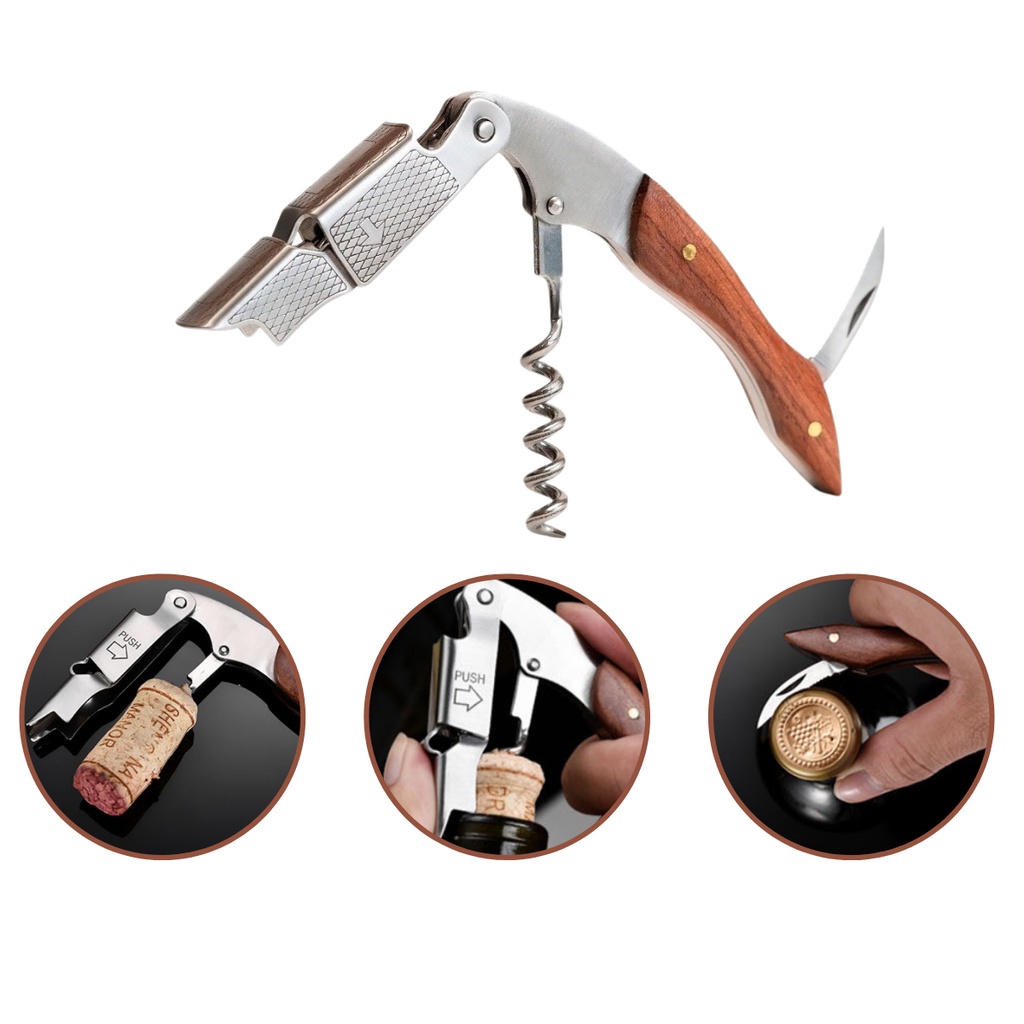 Saca Rolha Abridor Vinho Inox Madeira Profissional Sommelier | Shopee ...