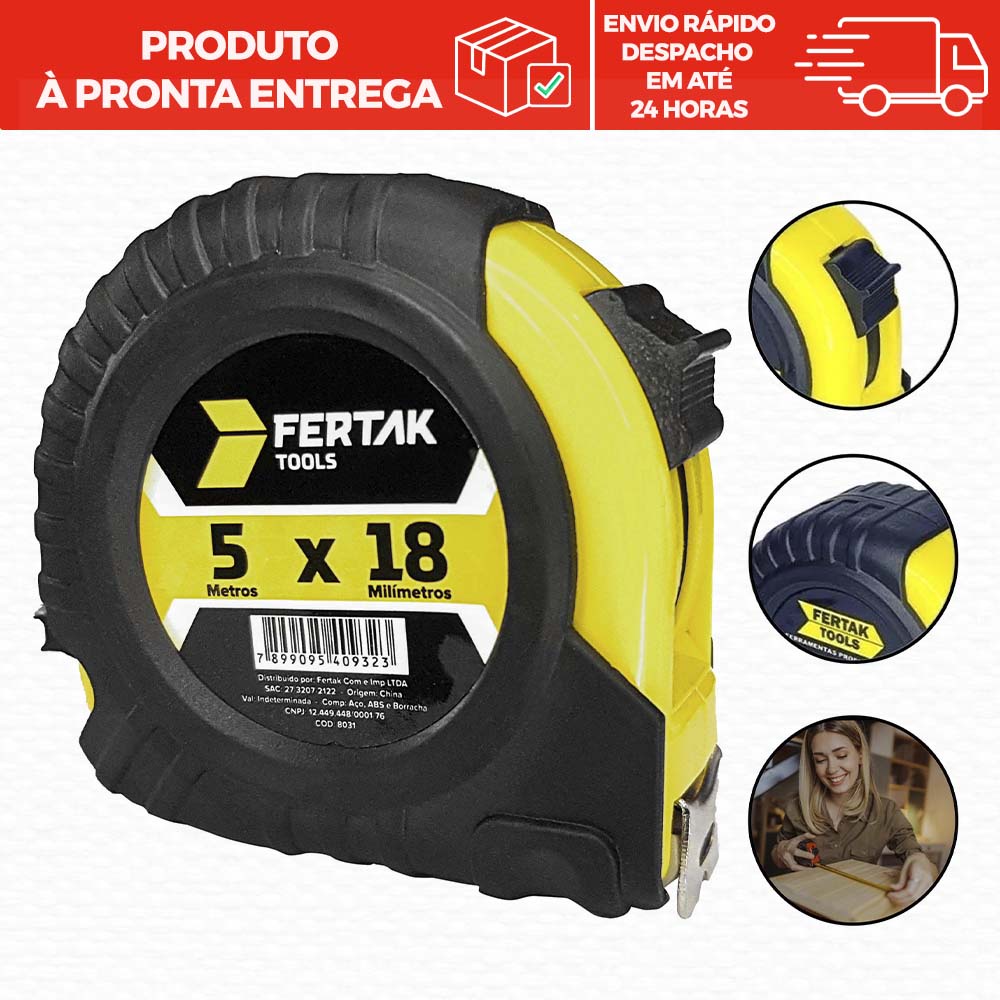 Trena de Aço 5m x 18mm Profissional Manual C/ Trava Régua Fita Métrica ...