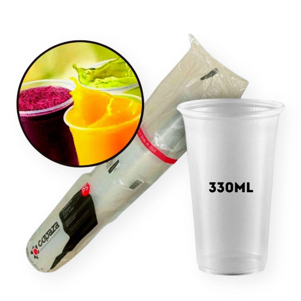 Copo Plástico Descartável Translúcido PS Liso Suco Refrigerante Copaza - 330ml - pct 100 ...
