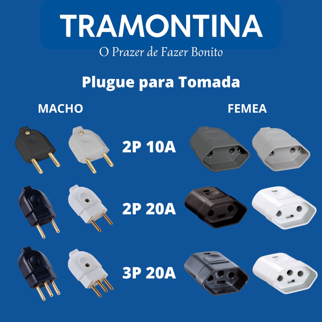 PLUGUE MACHO E FEMEA 10A 20A 2P 3P CINZA PRETO BRANCO | Shopee Brasil