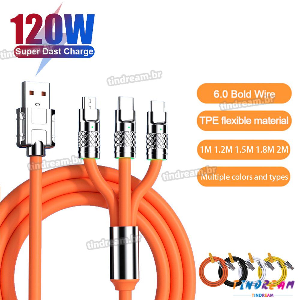 Cabo de silicone líquido de carga super rápida tipo C 120w 6a, cabo micro USB de carga rápida ...