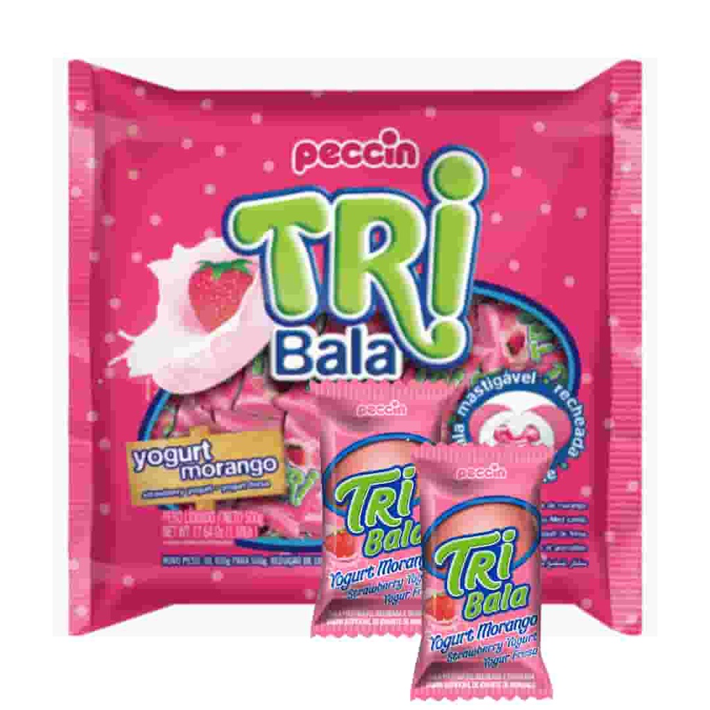Bala Tribala Recheada Yogurte Morango 500G - Peccin | Shopee Brasil